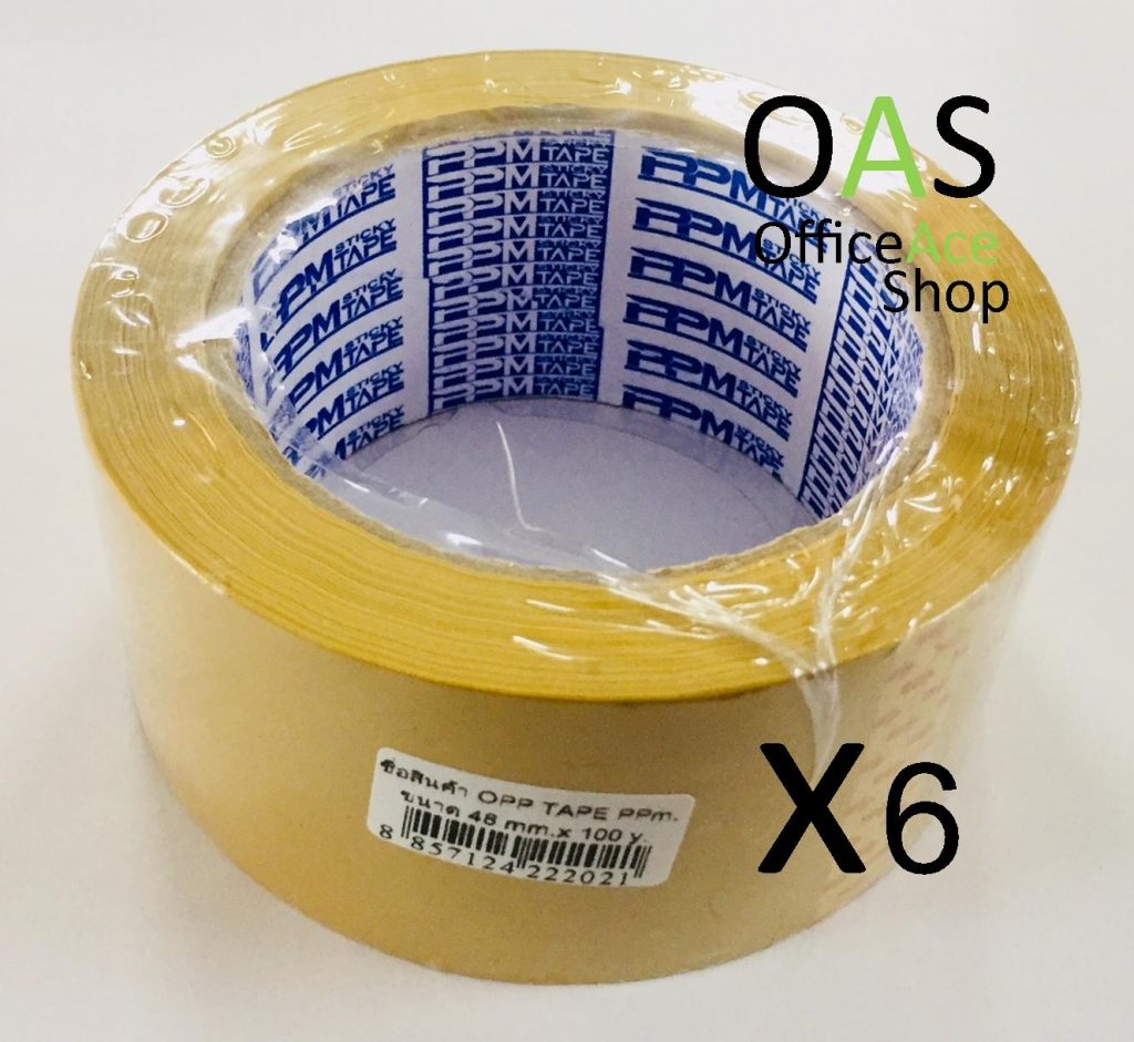 PPM เทป OPP Tape หน้ากว้าง 2 นิ้ว ยาว 100 หลา (90เมตร): แพ็ค 6 ม้วน